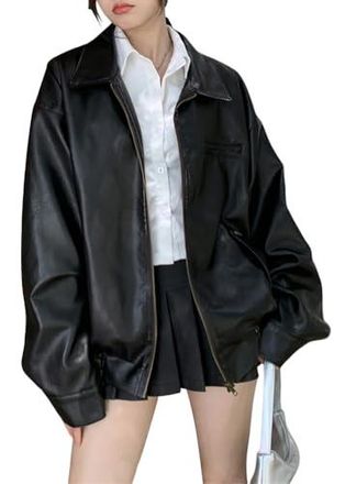 ORANDESIGNE Veste de Motard en Similicuir pour Femme Manteau Fermeture &eacute;clair Oversize Jacket Veste Bomber en Cuir/Mini Jupe Pliss&eacute;e en Cuir A Noir M