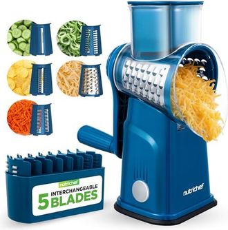 Nutrichef NutriChef 5 in 1 K&auml;se Reibe & Raspel | 5 Verschiedene Klingen f&uuml;r D&uuml;nn, Dick, Julienne Streifen, Wellenform & Gerade Streifen | Inklusive Handkurbel, 