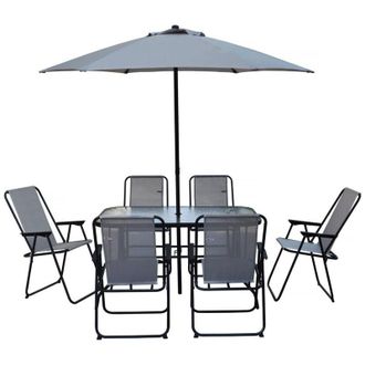 Habitat et Jardin Table et chaises de jardin avec parasol en m&eacute;tal Convivia - 6 places - Gris clair