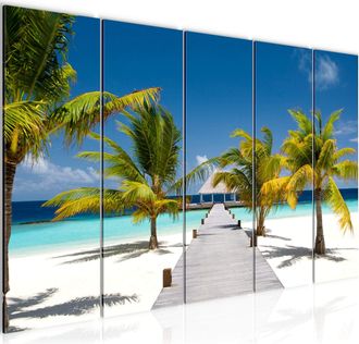 Runa Art Wandbild XXL Strand Palmen Schlafzimmer Wohnzimmer 200 x 80 cm Blau 5 Teilig - Made in Germany - 604955a
