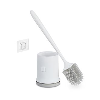 Relaxdays Toilettenbürste mit Wandhalterung, schnelltrocknend, WC-Bürste, Behälter, ohne Bohren, Kunststoff, weiß-grau