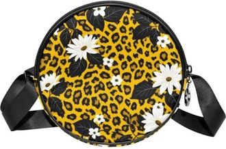 Generic Petit sac &agrave; bandouli&egrave;re circulaire pour femme, marguerites, l&eacute;opard, petit sac &agrave; dos &agrave; bandouli&egrave;re avec fermeture &eacute;clair, bretelles r&eacute;glables, sac &agrave; m