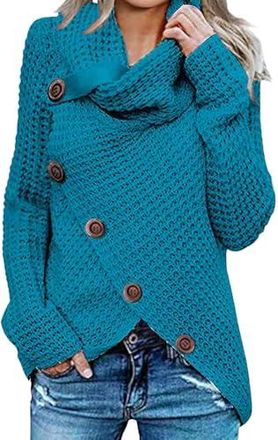 Generic Pull asym&eacute;trique pour Femme, Pull en Maille &agrave; col roul&eacute; &eacute;pais, Manches Longues, Ourlet asym&eacute;trique, Bleu, Taille XL