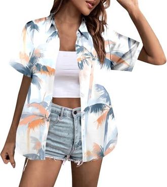Generic Chemise hawa&iuml;enne pour femme avec motif palmier hawa&iuml;en, chemise tropicale des Cara&iuml;bes, boutonn&eacute;e, manches courtes, plage, floral, &eacute;t&eacute;, flamant rose,