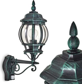 HOFSTEIN Außenwandleuchte Lentua m. Bewegungsmelder, Wandlampe aufwärts in antikem Look, Aluguß in Schwarz/Grün m. Kunststoff-Scheiben, Wandleuchte für Terrass