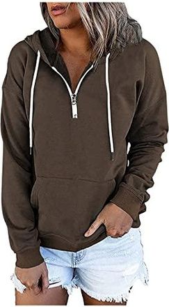 Generic Sweat à capuche zippé noir pour femme grande taille avec col en V surdimensionné pour lhiver, pull dautomne à manches longues, veste de sport, haut ch