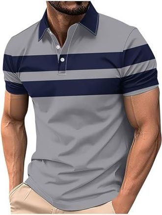Generic Polo &agrave; manches courtes pour homme avec imprim&eacute; ray&eacute; et demi-bouton, pull d&eacute;contract&eacute; &agrave; col &agrave; revers, v&ecirc;tements de sport &eacute;l&eacute;gants et extensibles pour h