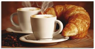 Artland ARTland Wanddeko Glasbilder Wandbild Glas Bild einteilig 60x30 cm Querformat Kaffee Coffee Cafe Cappuccino Kaffeebohnen Croissant Frühstück T5XO