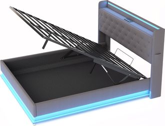 Generic Polsterbett mit LED-Beleuchtung und USB-Ladeanschluss, hydraulischem Stauraumbettkasten, stabilem Metallrahmen mit Leinenbezug, modernes Design für Ju