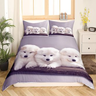 Generic Wei&szlig;er Samojede Bettw&auml;sche 135x200 3D Drucken Hundemotiv Bettw&auml;sche-Sets Weiche Kuschelig Mikrofaser Bettbezug mit 2 Kissenbez&uuml;ge 80x80 cm mit Rei&szlig;ver