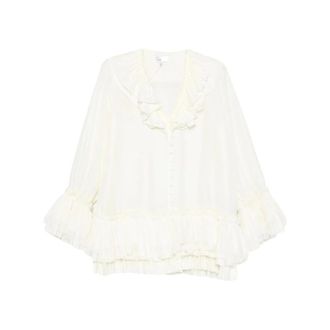 Ganni Chemisier &agrave; volants col V - Femme - Blouses et Chemises - Blanc - Taille: 36 FR
