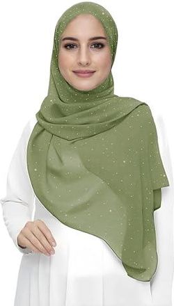 Lina & Lily Foulard hijab léger en mousseline de soie scintillante dorée pailletée pour femme, Olive clair, taille unique