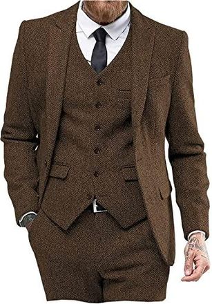 Solovedress Costume classique en tweed pour homme - 3 pièces - Pour mariage (lazer + gilet + pantalon), marron, Taille XL