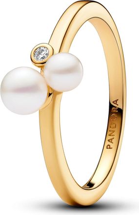 Pandora Timeless Duo Behandelte Süßwasserzuchtperlen Ring aus Sterling Silber mit vergoldeter Metalllegierung und Zirkonia, Größe: 58, 163156C01-58