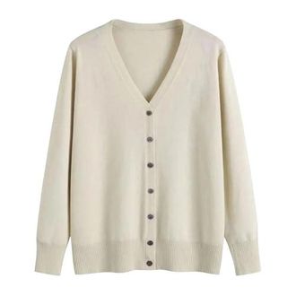 Generic Cardigan en tricot &agrave; col en V pour femme avec bordure c&ocirc;tel&eacute;e &agrave; manches longues simple boutonnage &eacute;l&eacute;gant, beige, Taille XS