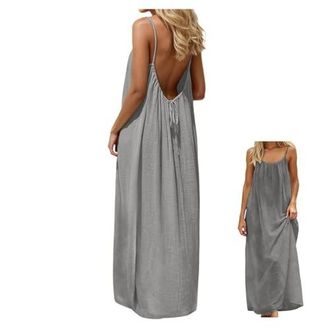 Generic Womens Solid Color Backless Cami Dress,Adjustable Sleeveless Spaghetti Strap Flowy Maxi Sundress Tie Back Beach Vacation Outfit (Grey,TTG)