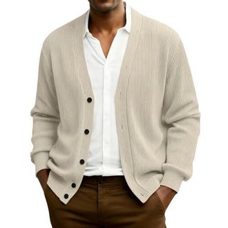 Generic NYSBH Veste dhiver &agrave; manches longues filet&eacute;e pour homme Couleur unie Pull d&eacute;contract&eacute; en tricot pour homme, beige, 5XL