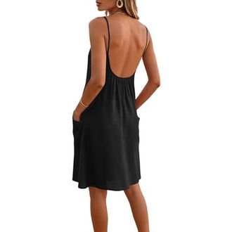 Generic Robe d&eacute;t&eacute; pour femme - Robe de plage l&eacute;g&egrave;re avec col en V et dos profond - Robe de plage boh&egrave;me douce &agrave; bretelles spaghetti avec poches - Robe d&eacute;t&eacute; fl