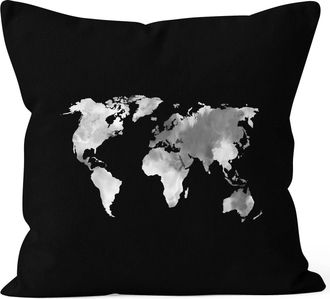 Autiga Kissenbezug Weltkarte Wasserfarben Watercolor World Map Kissen-H&uuml;lle Deko-Kissen Baumwolle schwarz Unisize