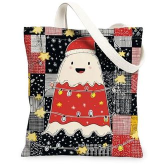 Generic Sacs fourre-tout en toile motif fant&ocirc;me de No&euml;l, sacs d&eacute;picerie r&eacute;utilisables, vintage l&eacute;gers et lavables, Rouge, 13x15 Inch