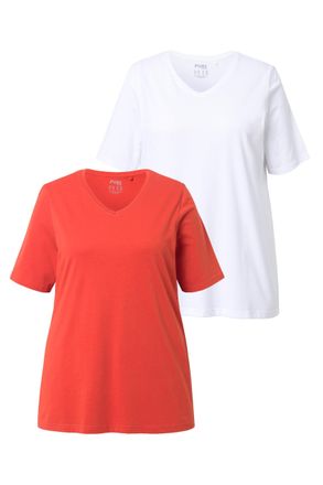Ulla Popken Damen gro&szlig;e Gr&ouml;&szlig;en &Uuml;bergr&ouml;&szlig;en Plus Size T-Shirts, 2er-Pack, V-Ausschnitt, Halbarm, Biobaumwolle