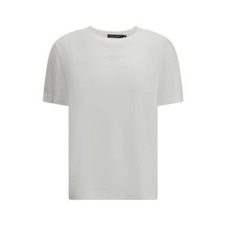 Dolce & Gabbana Femme, Tops, Blanc, Taille: 42 FR T-shirt &agrave; logo avec encolure c&ocirc;tel&eacute;e