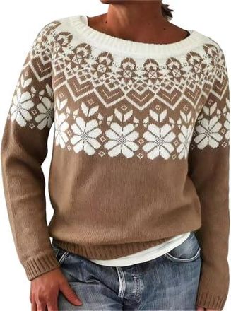 Generic Pull Norv&eacute;gien Femme dhiver Chaud Chic Et &Eacute;l&eacute;gant Pullover Tricot&eacute; Col Rond &Agrave; Manches Longues Sweater Tops Motif Jacquard Hauts Oversize Ample Confort
