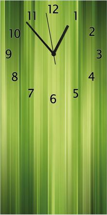 Wallario Design-Wanduhr Grün und schwarz gestreift - Abstraktes Streifenmuster aus Glas, Motiv-Uhr Größe 30 x 60 cm, Schwarze Zeiger