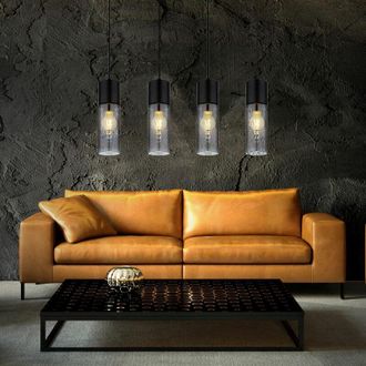 ETC Shop Lampe suspendue lampe de salle &agrave; manger lampe de salon lampe de cuisine, 4 flammes, verre m&eacute;tal noir fum&eacute;, E27, h 156 cm