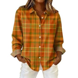 Generic Chemise d&eacute;contract&eacute;e &agrave; carreaux pour femme - Couleur contrast&eacute;e - Automne et hiver - Imprim&eacute; &agrave; carreaux - Taille S - Chemises &agrave; manches mi-longues, Or