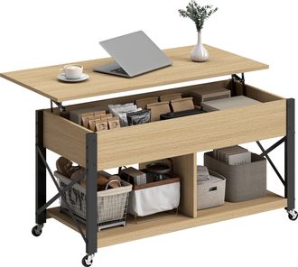 HOMCOM Lift-up Couchtisch mit R&auml;dern, Couchtisch mit versteckter Lagerung, offene Regale, f&uuml;r Esszimmer, B&uuml;ro, 105x50x67 cm, Naturholz & Wei&szlig;