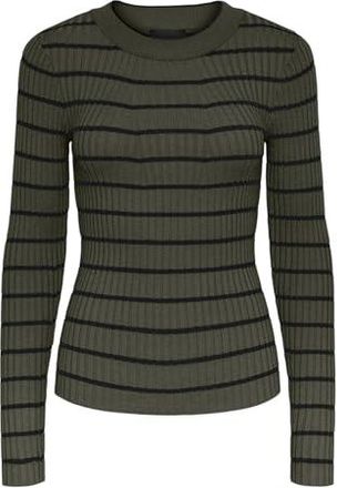 Pieces Pccrista Ls O-Neck Knit Noos BC Pull en Tricot, Nuit/Rayures : Noir Narrow, S Femme
