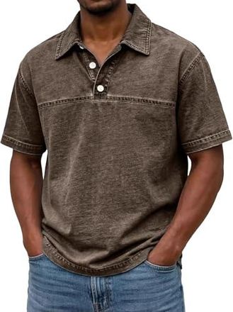 Generic DENGJIAMY Polo vintage pour homme d&eacute;contract&eacute; uni lavage &agrave; lacide T-shirt &agrave; manches courtes r&eacute;tro chemise de golf pour homme T-shirt &agrave; col Fshion Gran