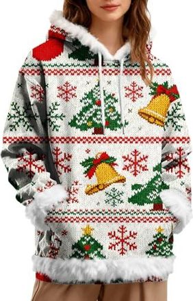 Generic Sweat à capuche surdimensionné de Noël pour homme et femme - Bordure unie - Manches longues - Avec poches - Pull de Noël 2025 pour femme - Moelleux, S