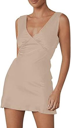 Generic Col en V, sans manches, robe de tempérament sexy, dos nu design de mode robes noires pour femmes, beige, S