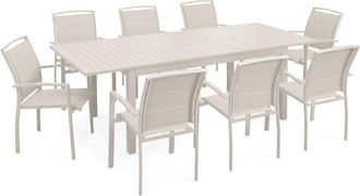Oviala Ensemble table de jardin extensible et 8 fauteuils en aluminium cr&egrave;me