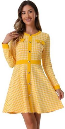Allegra K Robe trap&egrave;ze &eacute;l&eacute;gante &agrave; Carreaux Pied-de-Poule contrast&eacute; &agrave; col Rond boutonn&eacute; sur Le Devant Jaune M
