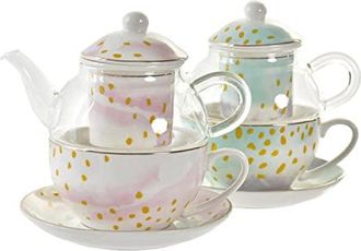 DKD Home Decor Teekanne, Glas, Porzellan, rosa, transparent, weiß, grün, 2 Stück