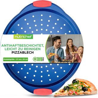 Nutrichef NutriChef Pizzablech Blau Ø 32 cm - Rund, Gelocht, Antihaft, Carbonstahl Pizzaform mit Silikongriff | Spülmaschinengeeignet & BPA-frei