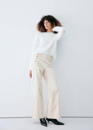 Mango Pantalon large en velours &eacute;cru - Femme - 32 - MANGO
