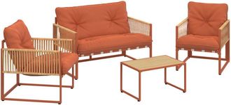 IDMarket Salon de jardin bas RIO 4 places structure m&eacute;tal terracotta, cordage effet rotin avec coussins terracotta
