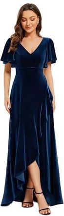 Ever-pretty Robe de Soirée Femme Longue Velours Asymétrique Chic Col V Manches Volantées Bleu Marine 36