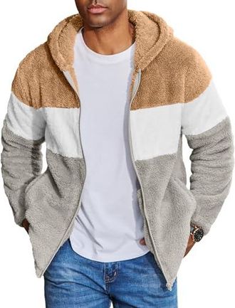 Coofandy Veste Polaire Teddy pour Homme Veste de Transition Sherpa Sweat Patchwork avec Capuche Kaki + Blanc + Gris Clair XL
