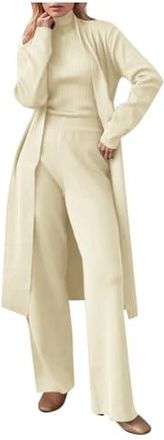 Generic Printemps Automne 3 Pi&egrave;ces Femmes Cardigan Surv&ecirc;tements Pantalon Tricot&eacute; Ensemble Pull Costume Mode Ensemble 3 Pi&egrave;ces (Beige, One Size)