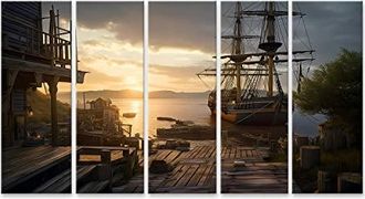 Islandburner Tableau sur Toile Bateau Pirate Surplombant De Vieux Voiliers Mer Coucher De Soleil Paysage Vint Cadre Affiche Poster Murale Tableaux