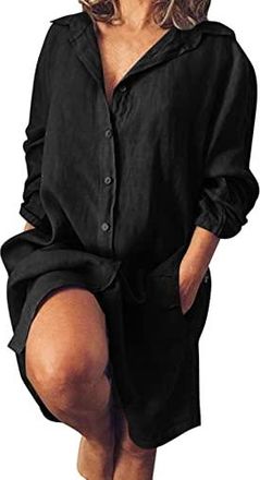 Generic Robe Femme Lin &Eacute;t&eacute; D&eacute;contract&eacute; Respirant Dress De Plage Mi Longue Grande Taille Confortable L&eacute;ger Chemise Robes Lin Coton Vintage Fluide De Couleur Un