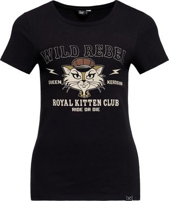 Queen Kerosin Damen T-Shirt &middot; Shirt &middot; Top &middot; Mit Frontprint &middot; Biker &middot; Cat &middot; Katze &middot; Artwork &middot; Druck &middot; 50s &middot; Motorcycle &middot; Retro &middot; Vintage &middot; Rebel &middot; Rundhals &middot; Elastan