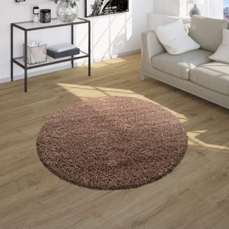 Paco Home Shaggy Teppich Hochflor Langflor Teppiche Hochwertig Pastell Uni Versch. Farben, Gr&ouml;sse:&Oslash; 120 cm Rund, Farbe:Taupe