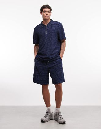 True Religion Short densemble en tissu &eacute;ponge textur&eacute; &agrave; logo - Bleu nuit