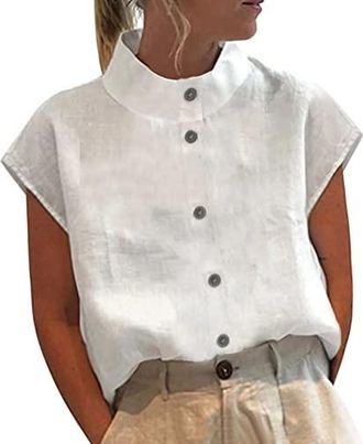 Onsoyours Chemisier Femme T-Shirt Manche Courte Oversized Lin Coton Blouse Casual Couleur Unie Hauts Sexy Mode Chemise Tops H Blanc XXL